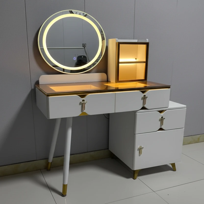 Dressing Table - Luxury with LED Mirror & Gold Accents | Grey Finish ...